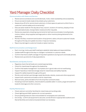 Yard Manager Daily Checklist - Marine Retailers Association